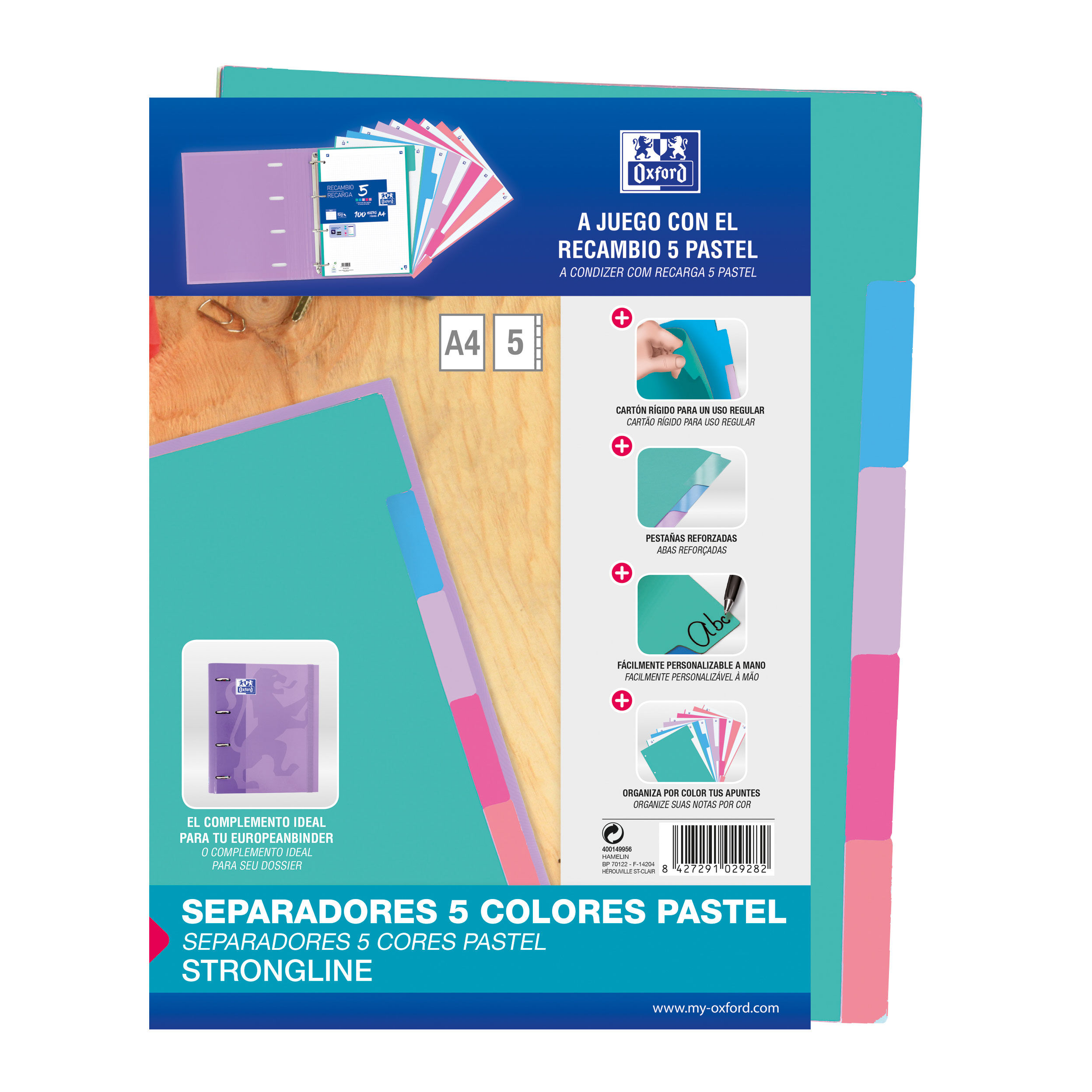 Separador Cartolina A4 5P Oxford Strongline Pastel 400149956 ...