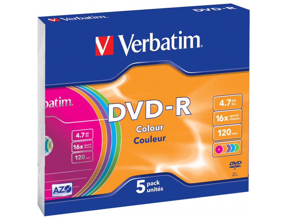 Dvd-r verbatim capacidade 4.7gb velocidade 16x 120 min pack de 5 unidades cores sortidas caixa ...